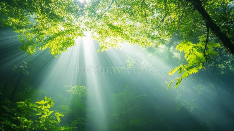 Sunbeams Illuminate Lush Green Forest Canopy Stock Illustration ...