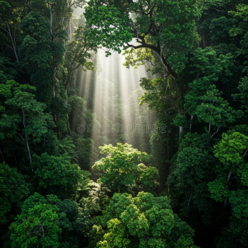 Sunbeams Illuminate Lush Green Forest Canopy Stock Illustration ...