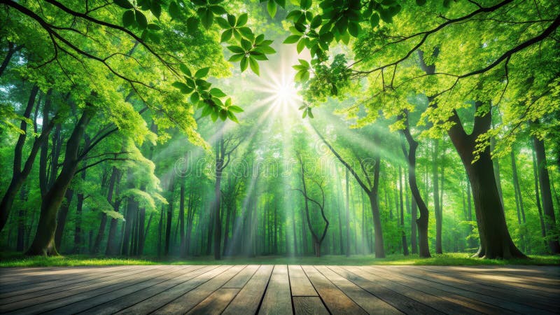 Sunbeams Illuminate Lush Green Forest with Wooden Deck. Generative AI ...
