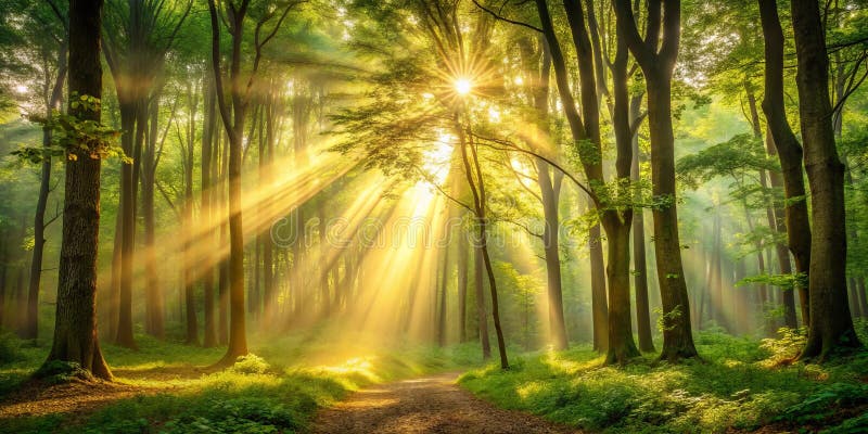 Sunbeams Illuminate a Mystical Forest Path at Dawn. Generative AI Stock ...