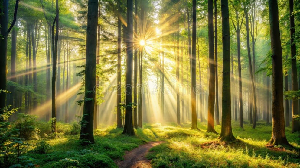 Sunbeams Illuminate a Mystical Forest Path at Dawn. Generative AI Stock ...