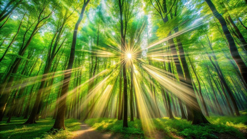 Sunbeams Illuminate a Serene Forest Path at Dawn. Generative AI Stock Illustration ...