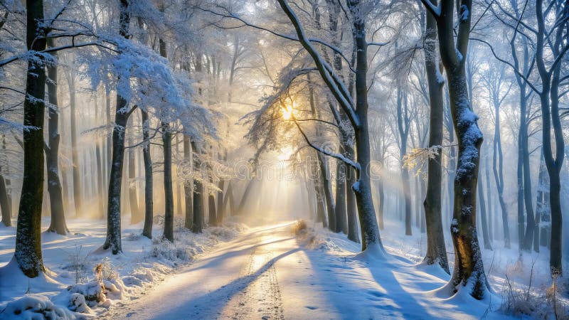 Sunbeams Illuminate a Snowy Path through a Winter Forest. Generative AI ...