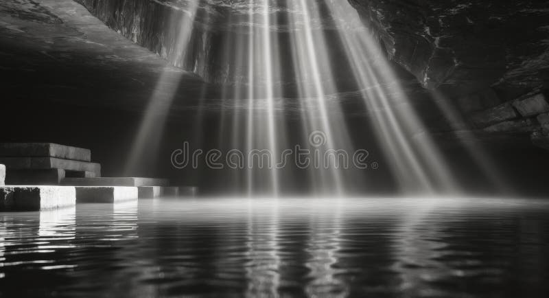 Sunbeams Illuminate Submerged Stone Platforms in a Cave. Stock Image ...