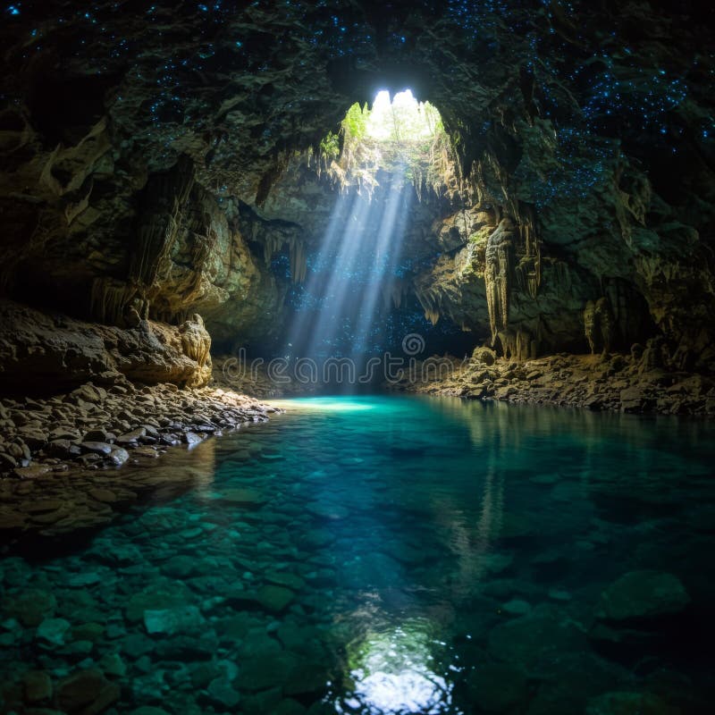 Sunbeams Illuminate Underground Cave Pool Stock Illustration ...