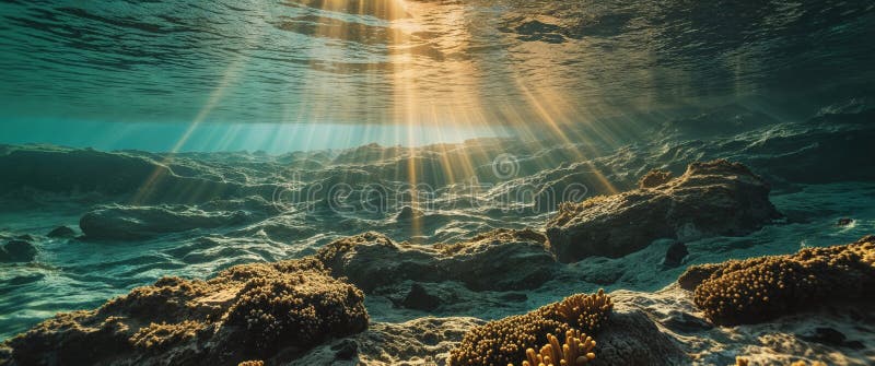 Sunbeams Illuminating Coral Reefs and Rocks Beneath the Ocean Surface ...