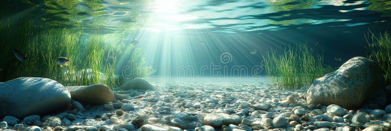 Sunbeams Illuminating Crystal Clear Riverbed with Algae and Fish Stock ...