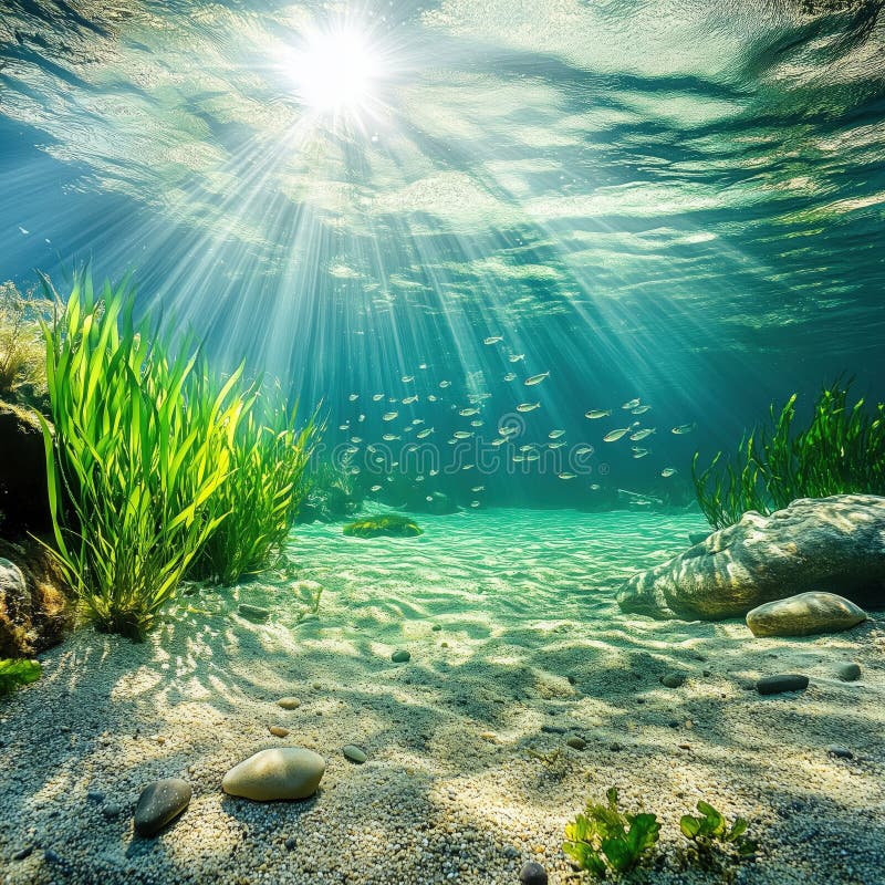Sunbeams Illuminating Crystal Clear Riverbed with Algae and Fish Stock ...