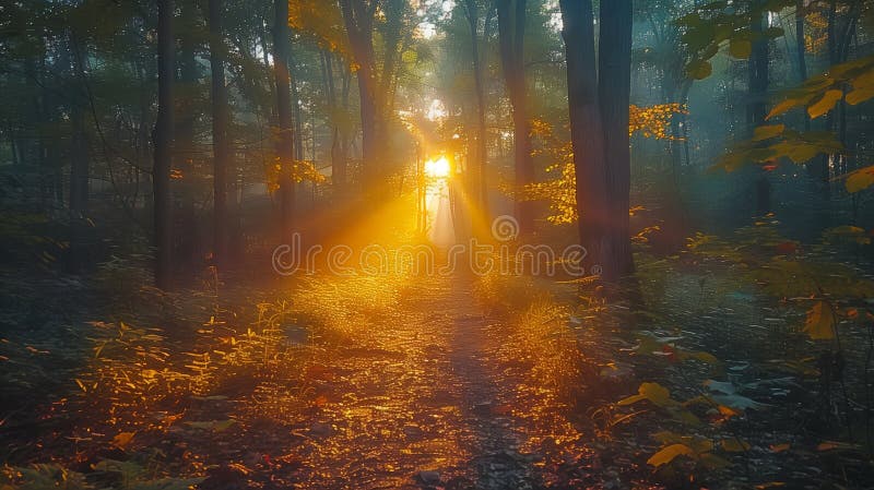 Sunbeams Illuminating a Forest Path at Sunrise Stock Image - Image of ...