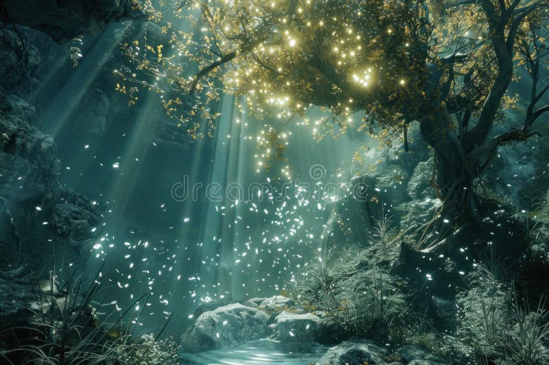 Magical Tree Glowing in an Enchanted Forest Stock Illustration ...