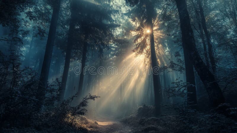 Sunbeams Illuminating a Mist-Filled Forest Path Stock Illustration ...