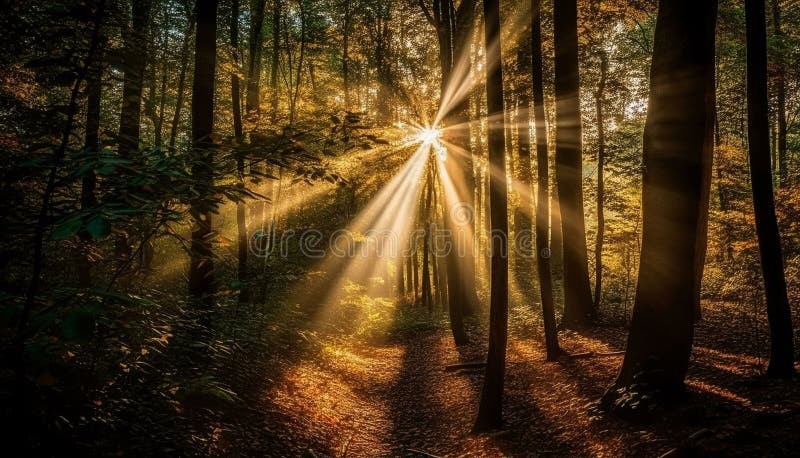 Sunbeams Illuminating a Mystical Forest Path Stock Illustration ...