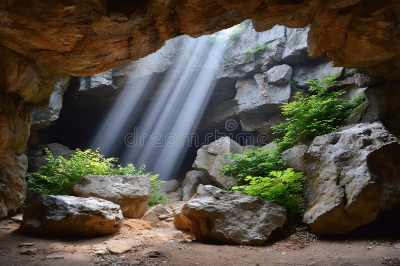 Sunbeams Illuminating Plants Growing on Rocks Inside a Dark Cave Stock ...