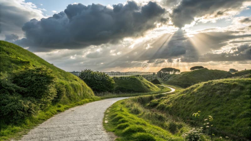 Sunbeams Illuminating Winding Path through Rolling Green Hills Stock ...