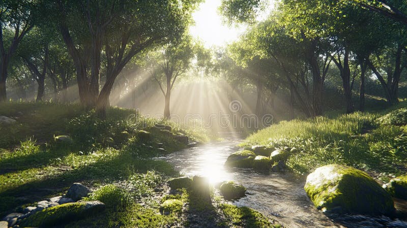 Sunbeams Light Up a Peaceful Forest Brook that Flows Across Moss ...