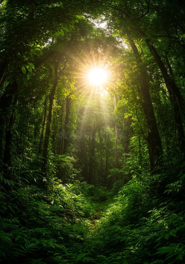 Sunbeams through Lush Green Forest Canopy Stock Image - Image of light ...