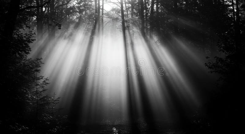 Sunbeams through Misty Forest in Black and White Stock Illustration ...