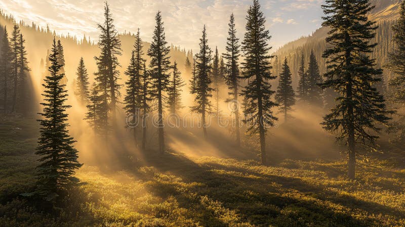 Sunbeams through Misty Mountain Forest at Dawn Stock Image - Image of ...