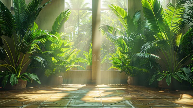 Sunbeams through Palm Trees in a Tropical Room Stock Image - Image of ...