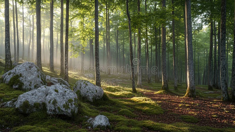 Sunbeams Pierce Misty Mountain Forest, Rocks, Moss Stock Photo - Image ...