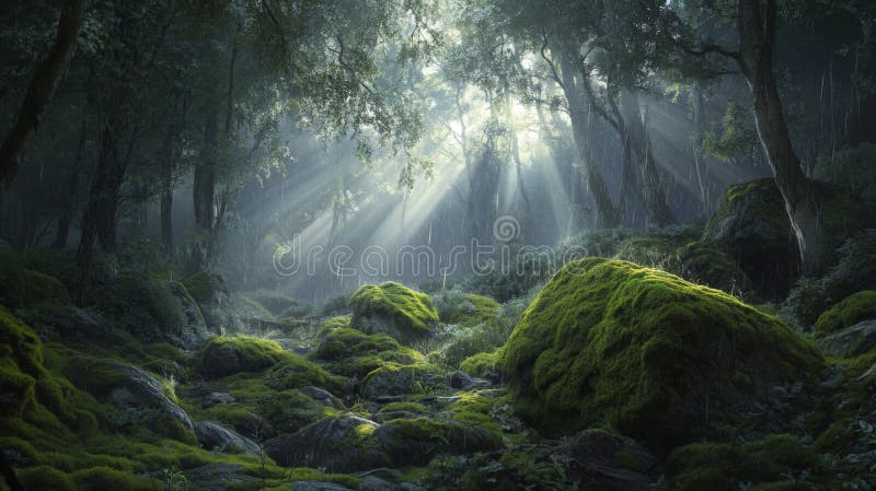 Sunbeams Piercing through a Misty Forest, Illuminating Moss-Covered ...