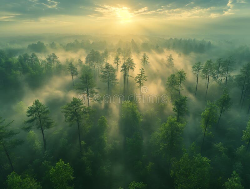 Sunbeams Pour through Trees in Misty Forest, Beautiful Nature at ...