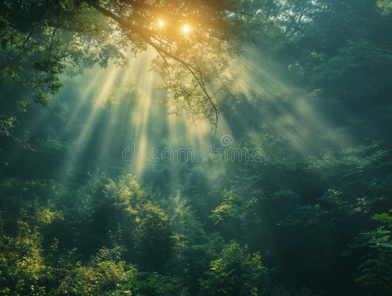 Sunbeams Pour through Trees in Misty Forest, Beautiful Nature at ...