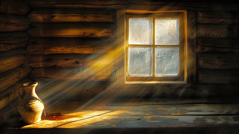 Sunbeams in Rustic Log Cabin Cozy Interior with Sunlight through a ...