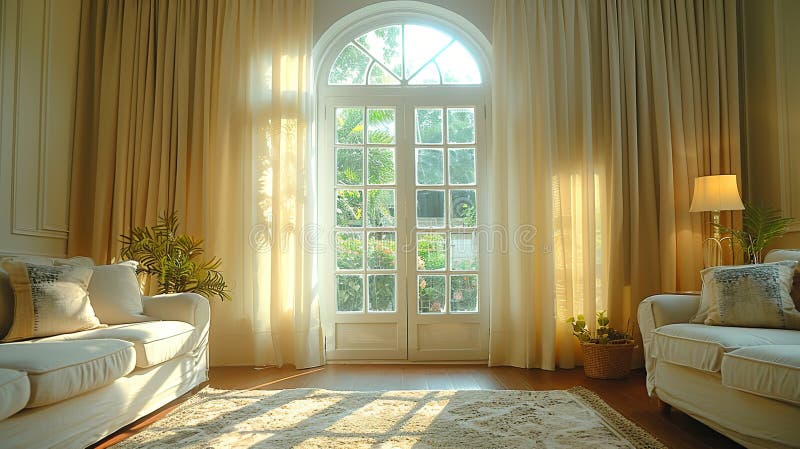 Sunbeams Stream through a Large Arched Window in a Living Room with ...