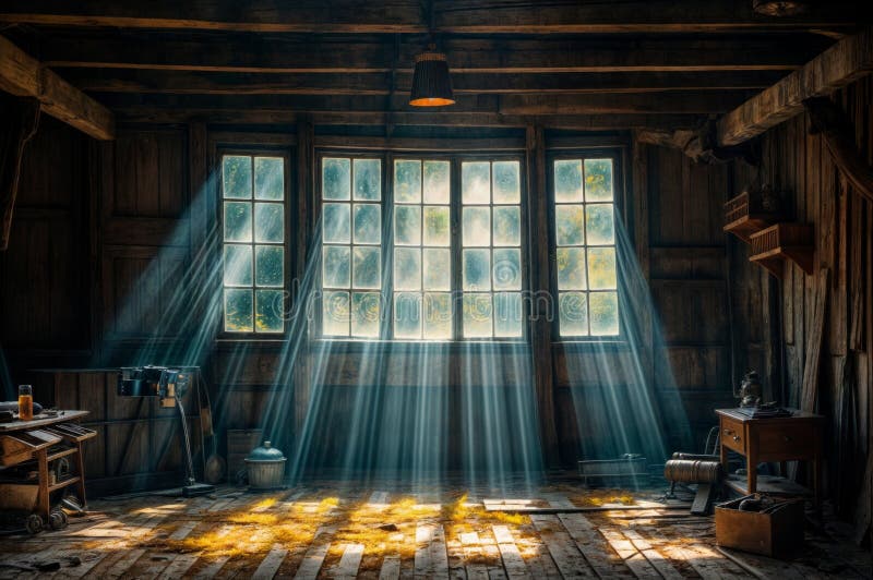 Sunbeams Streaming through the Windows of a Rustic Workshop ...