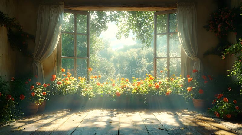 Sunbeams through Window with Flower Pots Illustration Stock ...