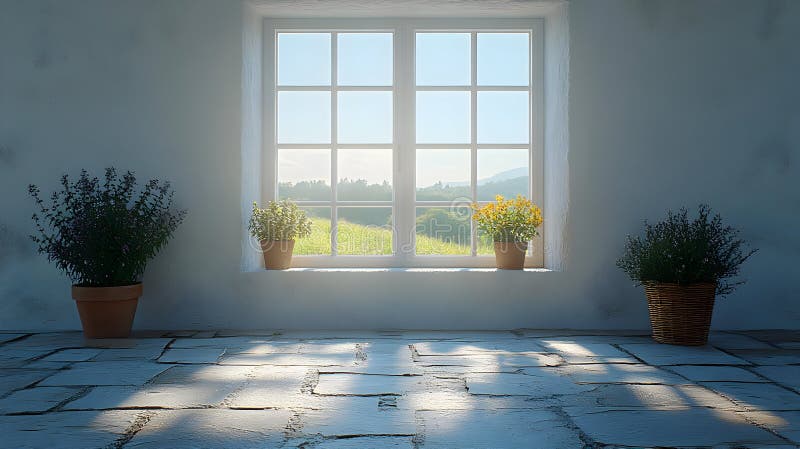 Sunbeams through a Window with Greenery 3D Illustration. Stock Image ...