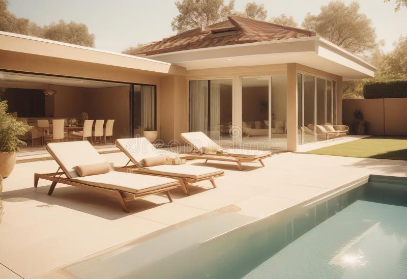 Sunbeds and Dining Zone Near Pool in Backyard of Modern House Stock ...