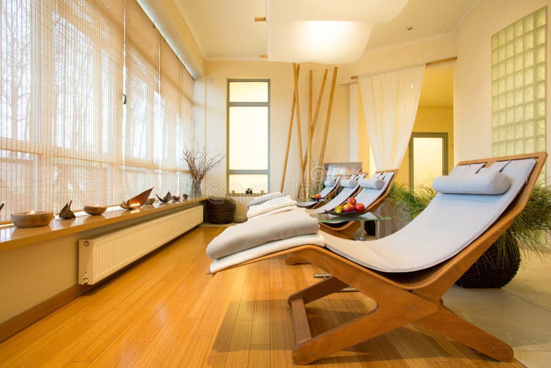Sunbeds in relax room stock photo. Image of cozy, comfortable - 49932810