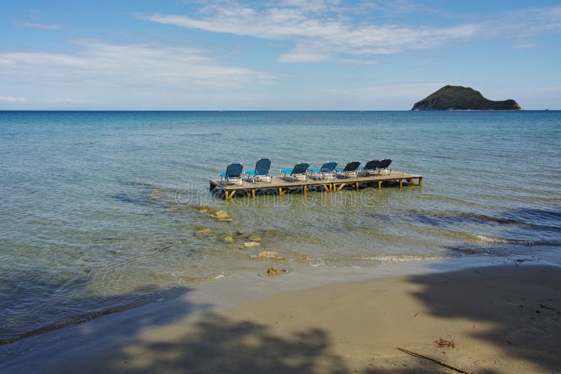 Sunbeds in the Water, Koukla Beach, Zakynthos Island Stock Photo ...