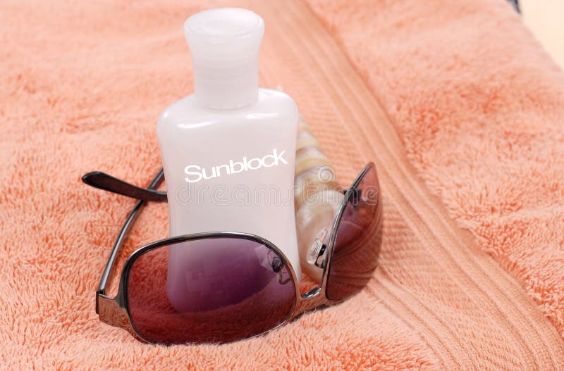 Sunblock Lotion and Beach Items on Table Stock Image - Image of text ...
