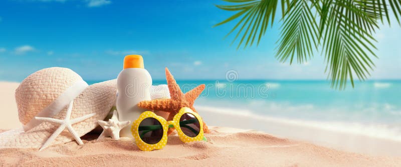 Sunblock on the Tropical Beach Stock Image - Image of sand, holiday ...