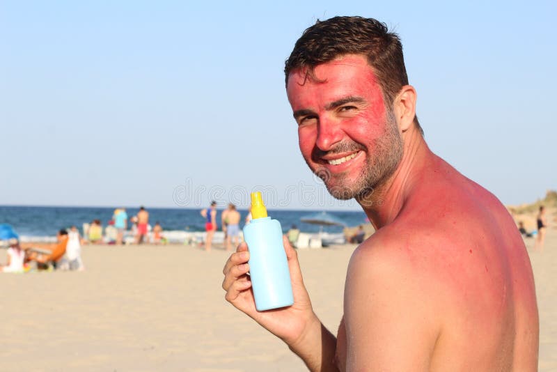 Sunburned Man Using Tanning Accelerator Lotion Stock Photo - Image of ...