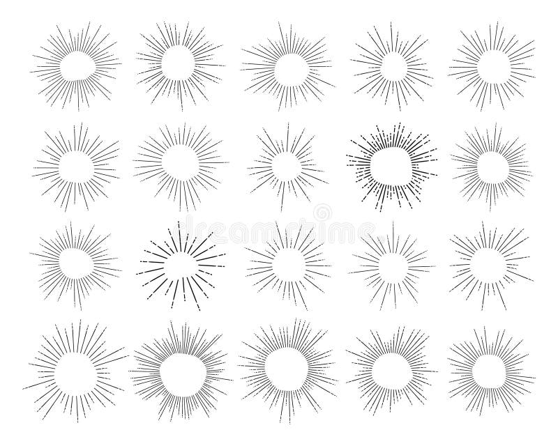 Sunburst Decorative Elements Set. Big Collection of Sun Rays in Line ...