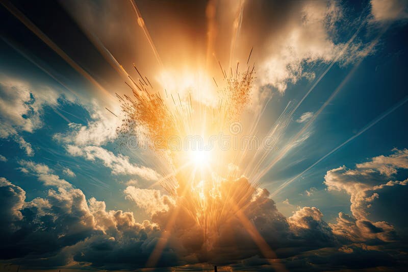 A Sunburst of Explosions in the Sky, with Rays of Light Shooting ...