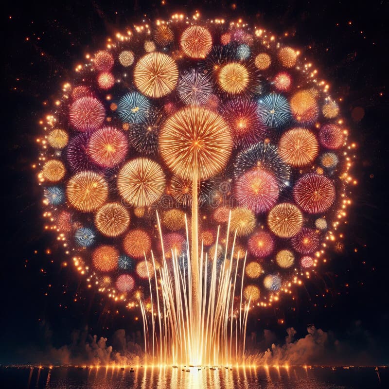 70 98. Sunburst Vertical Shells_ Large, Spherical Fire Stock Photo ...