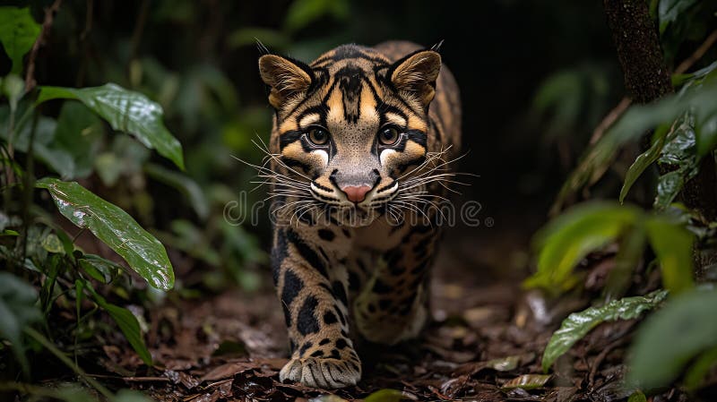 Sunda Clouded Leopard Prowling through a Dense Jungle, Its Spotted Coat ...