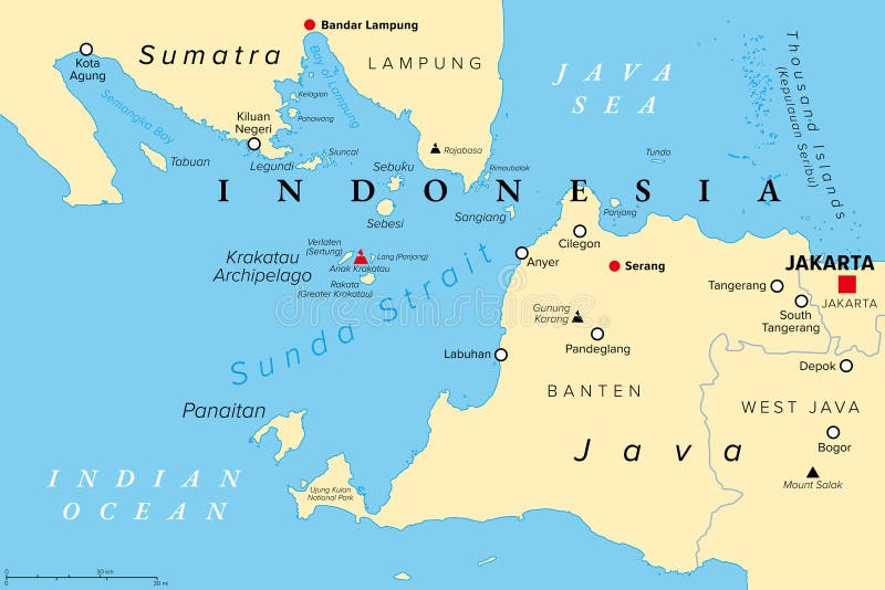 Sunda Strait, Indonesia, with Krakatau Archipelago, Political Map Stock ...