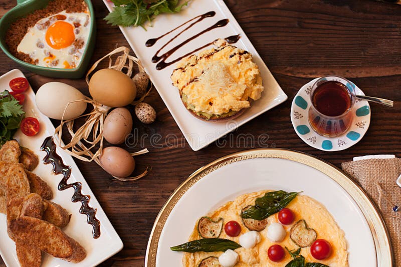 Sunday Breakfast Table with Omelette, Eggs Stock Photo - Image of ...