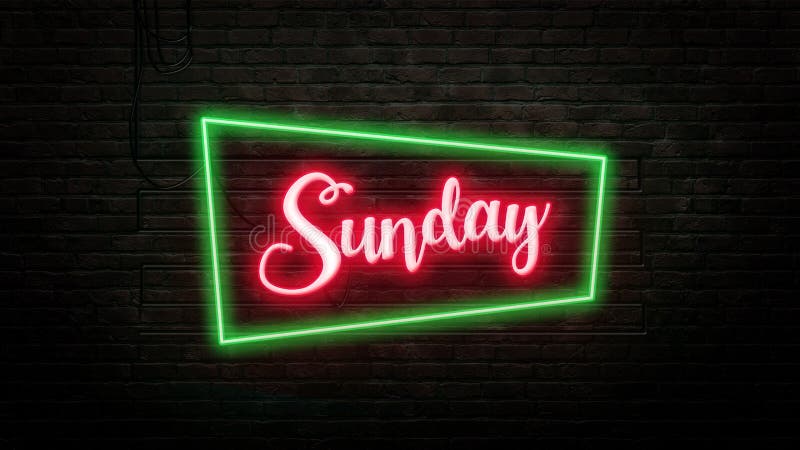 Sunday Sign Emblem in Neon Style on Brick Wall Background Stock ...