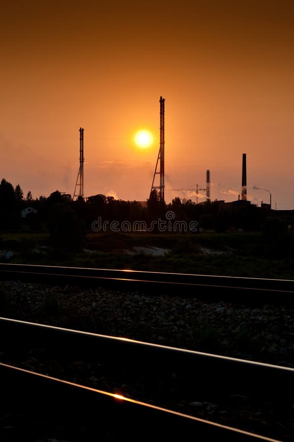 Sundown over the factory stock image. Image of railway - 25382659