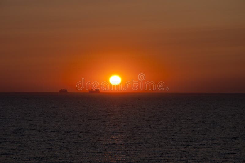 Sundown Sky and Sea with Ship on Horizon, Summer Stock Photo - Image of ...