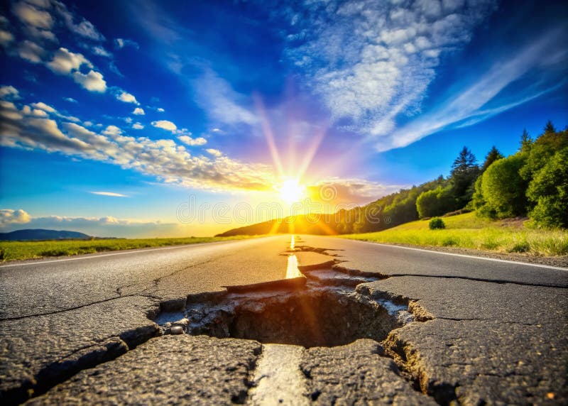 SunDrenched Asphalt Road with Extensive Cracks a CloseUp View of Road ...