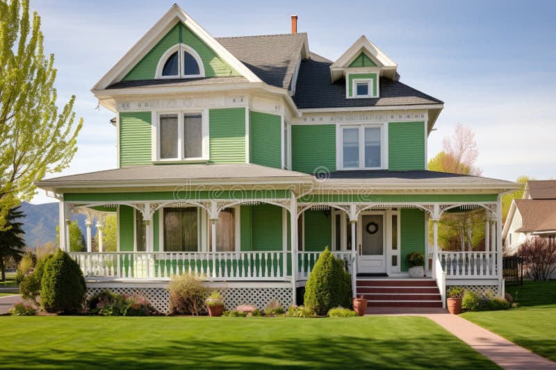 Sundrenched Green Victorian House Front Stock Photo - Image of front ...