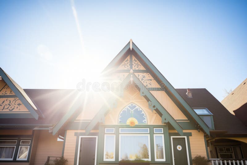 Sunflare Behind Tudor Homes Prominent Front Gable Stock Image - Image ...